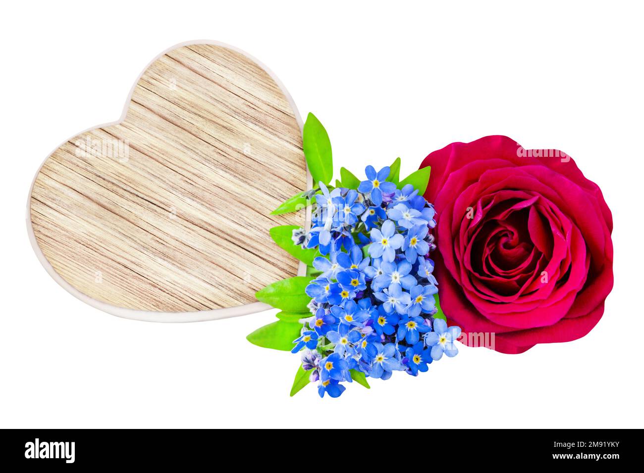 Heart and red rose with forget-me-not flowers isolated on white ...