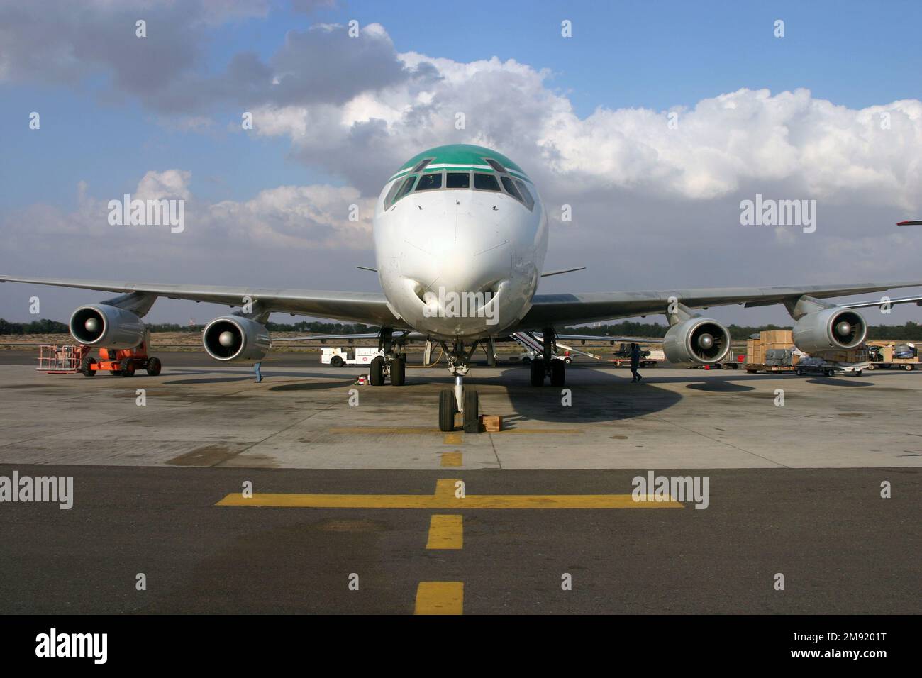 Frontal view of a Douglas DC-8-63 freight airliner on the ramp at ...