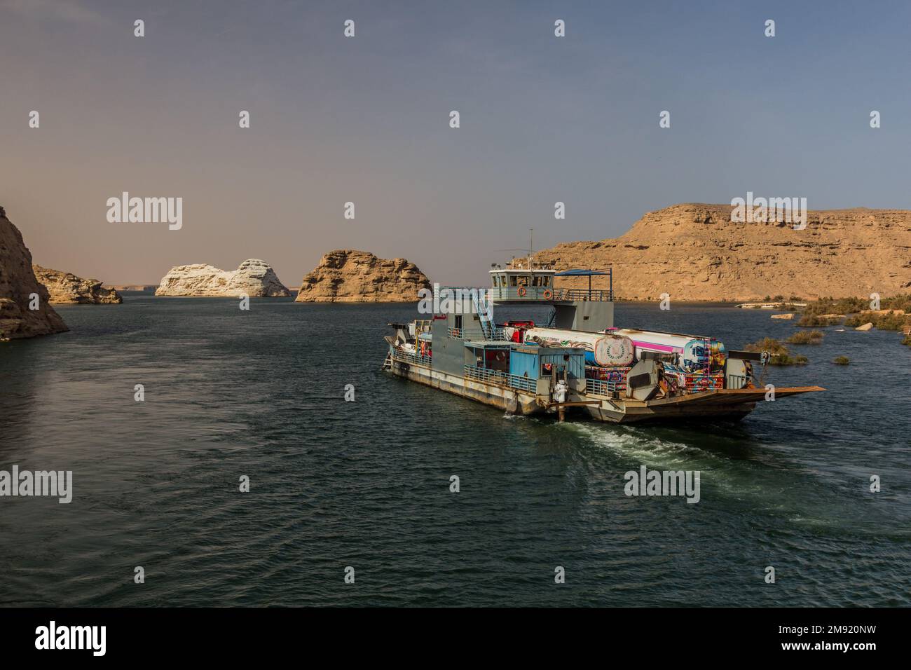 LAKE NASSER, EGYPT: FEB 22, 2019: Trucks on a ferry crossing Lake ...