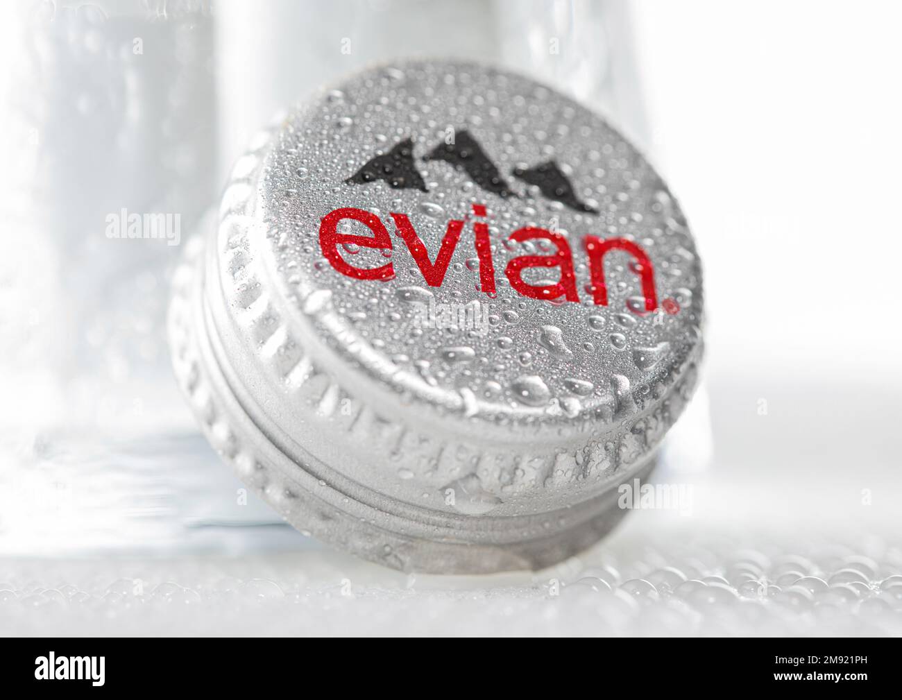 LONDON, UK - DECEMBER 29, 2022: Evian still natural water bottle cap ...