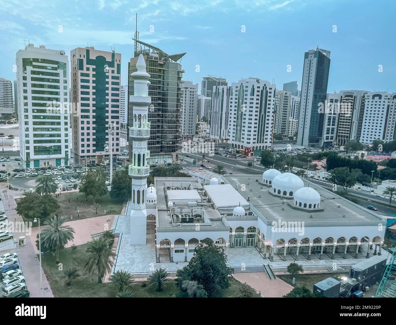 Incredible aerial view of Abu Dhabi city skyline and famous towers ...