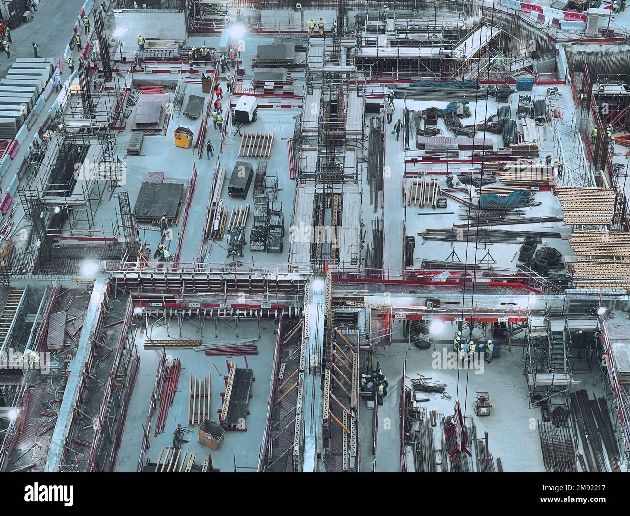 Aerial shot of a Construction site, tools, crane - a new building under ...