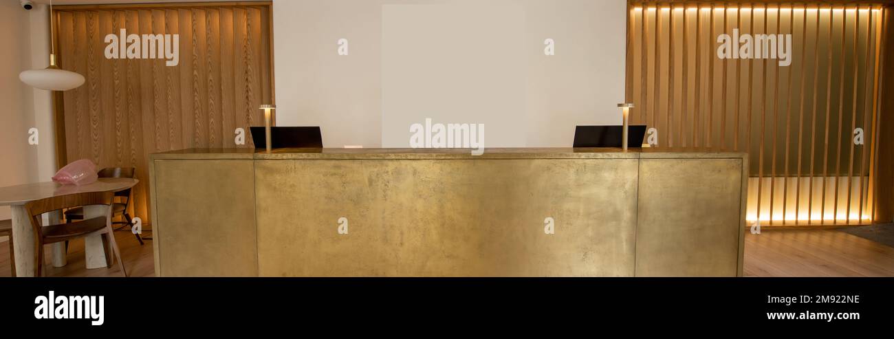 computer monitors at luxury reception desk in hotel, banner,stock image ...