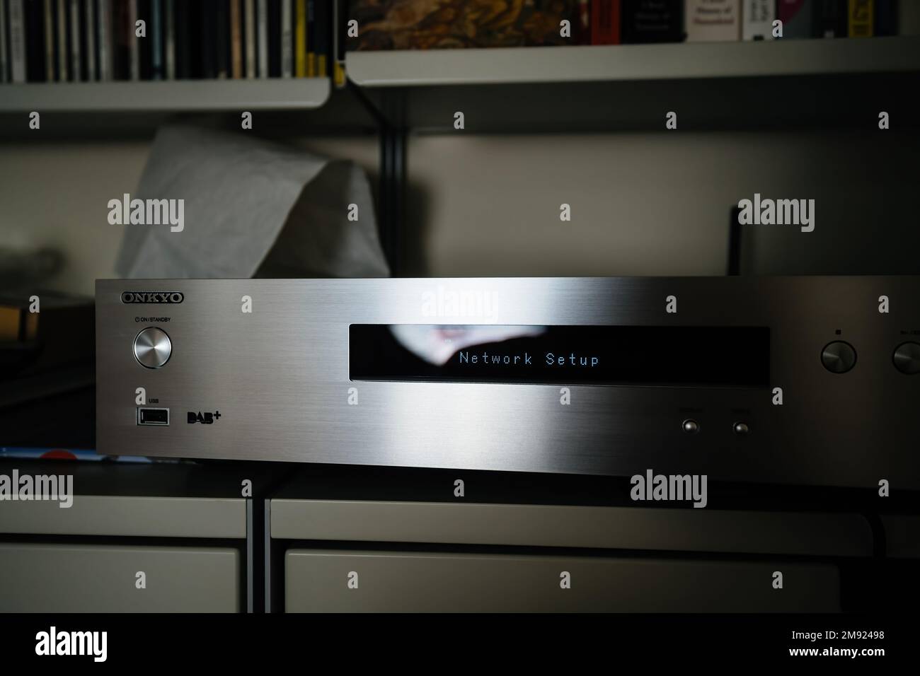 Paris, France - Dec 13, 2022: Network setup message on the new Onkyo NS ...