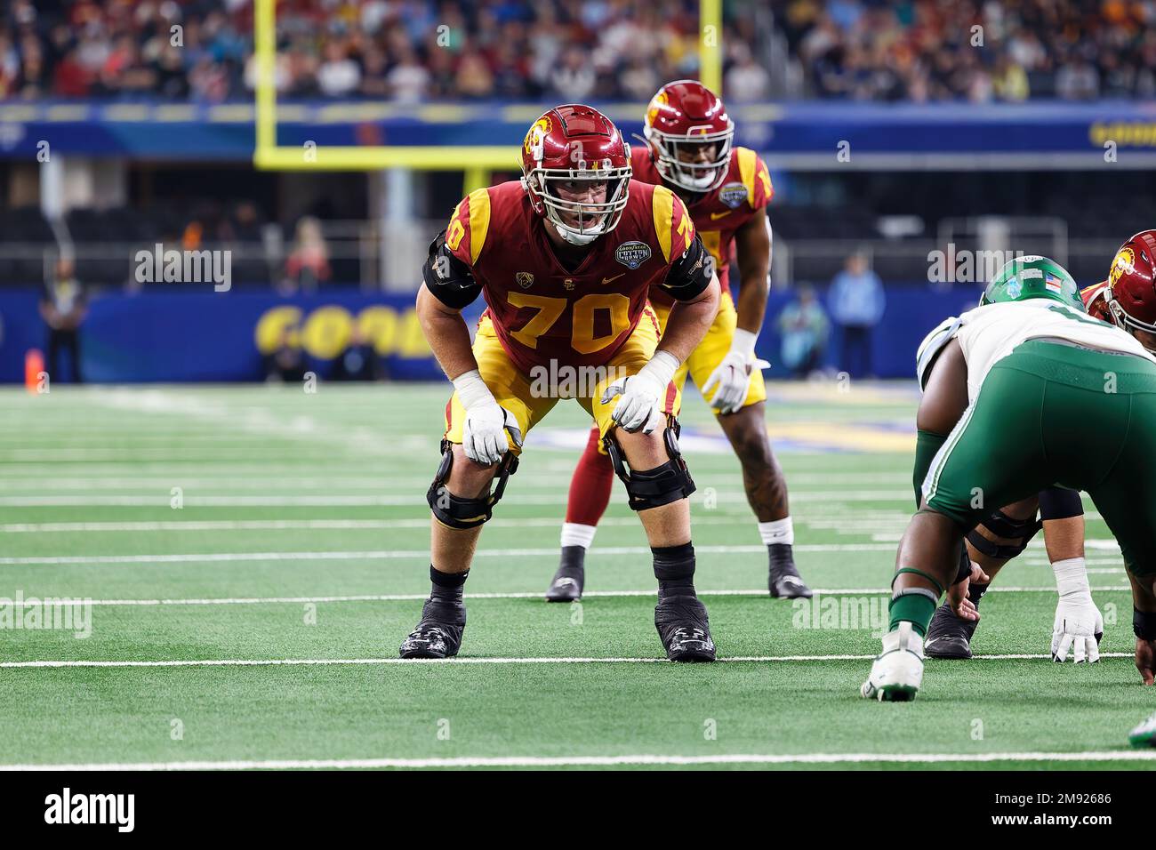Southern California Trojans offensive lineman Bobby Haskins (70) gets ...