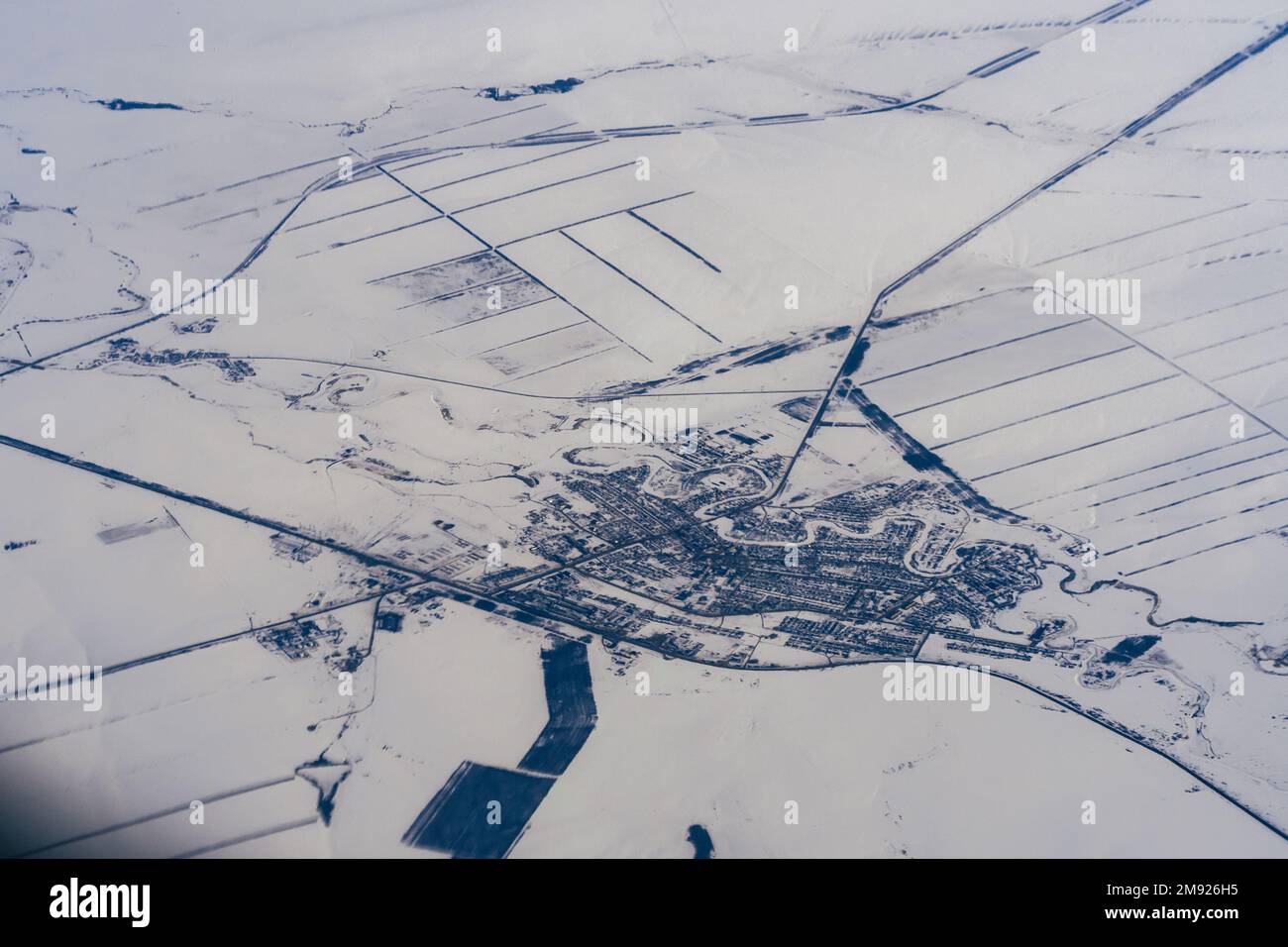 aerial photography of the city in the snow in winter in Siberia in ...
