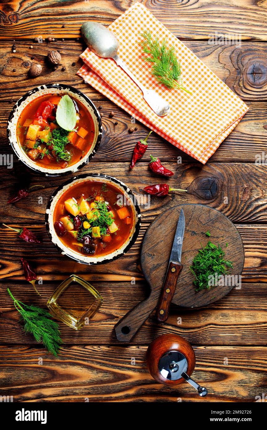 Chili soup in bowl with corn and been on dark background. Mexican ...
