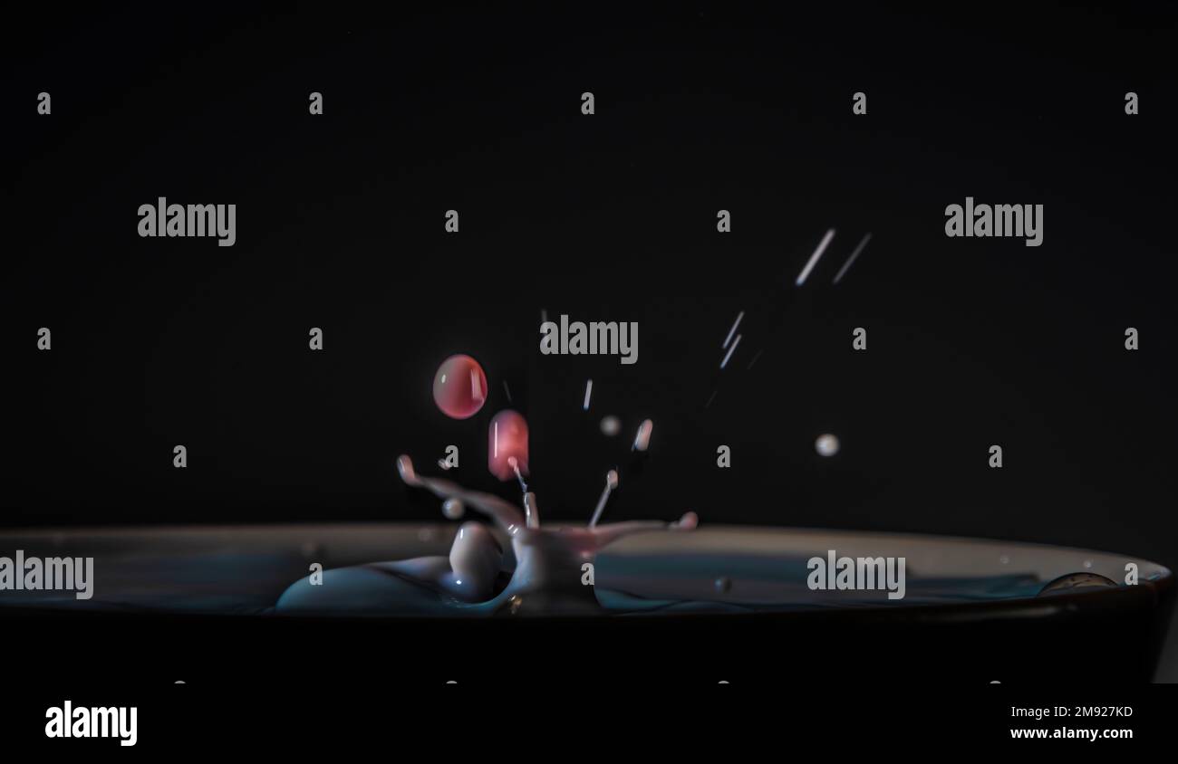 Color fresh sweet milk drops into another color of milk in cup with ...