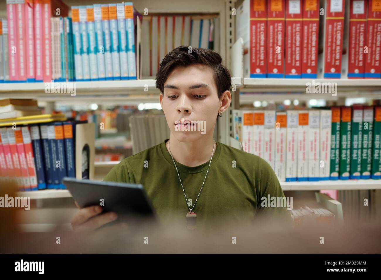 High school student reading e-book in school library Stock Photo - Alamy