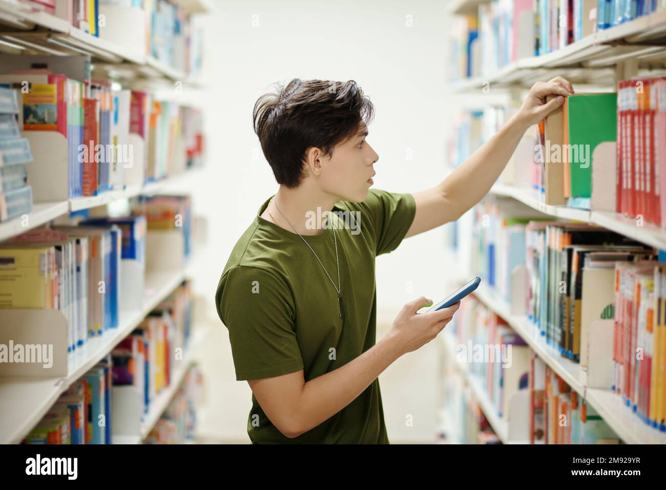 Teenage boy looking for book in school library Stock Photo - Alamy