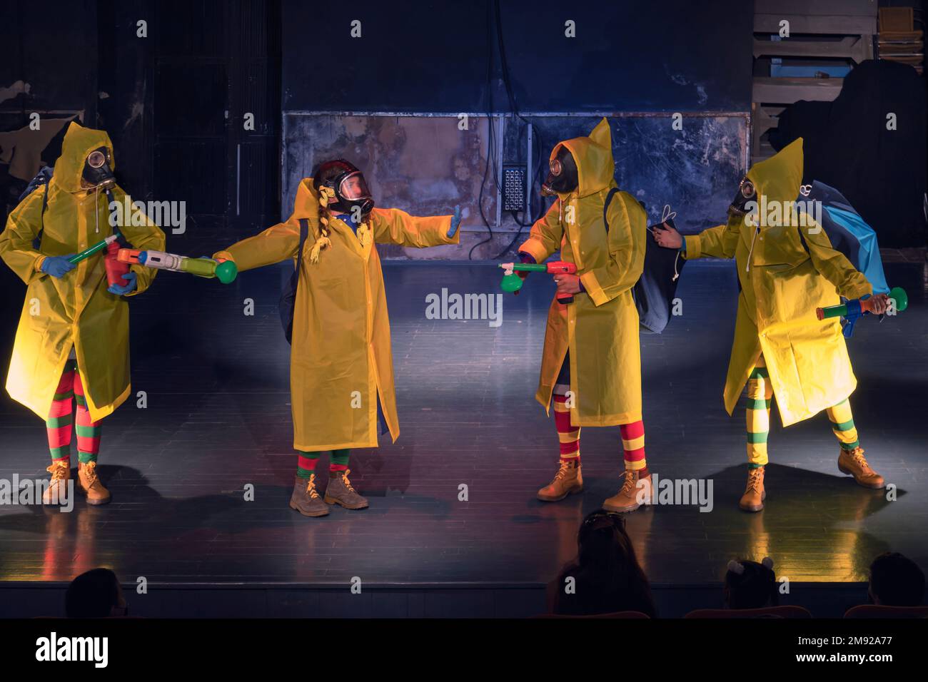 A theater actors in a clown play simulating the pandemic Stock Photo ...
