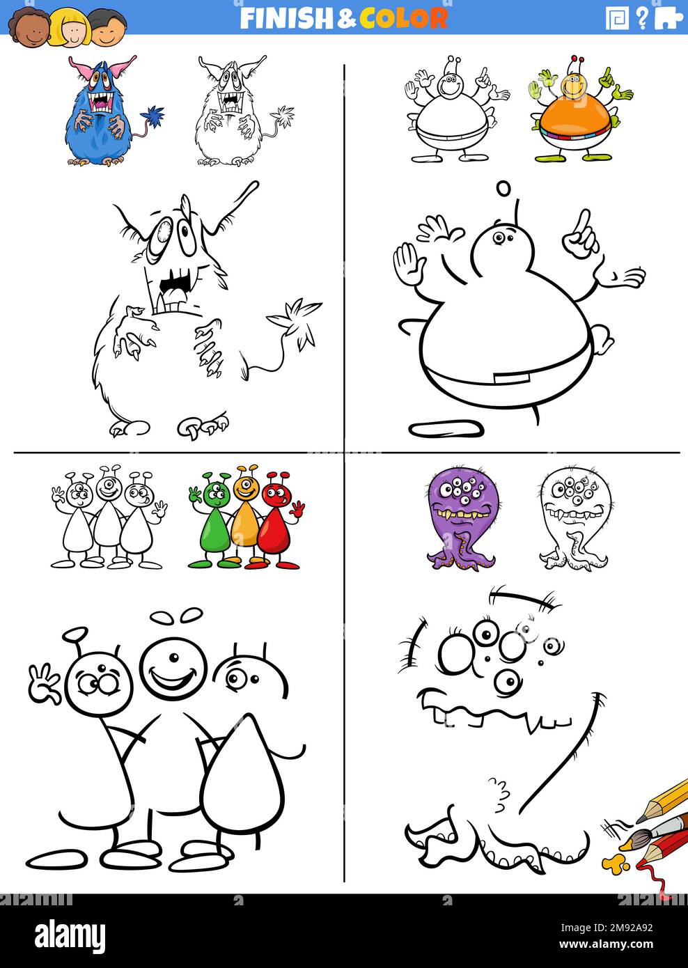 Cartoon illustration of drawing and coloring educational worksheet with ...
