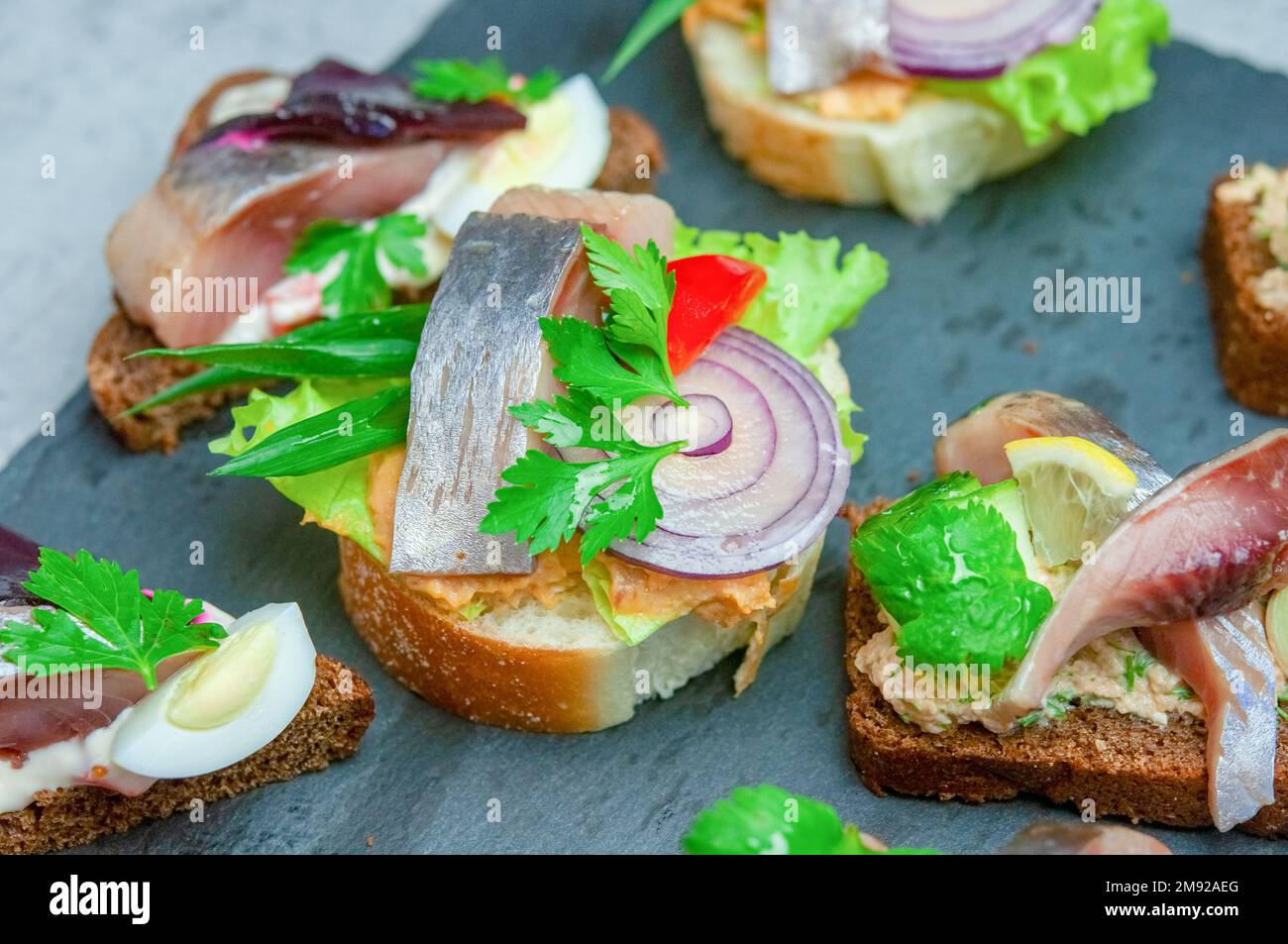 Toasts with salted herring, pate, onion, egg, lettuce, tomato and ...