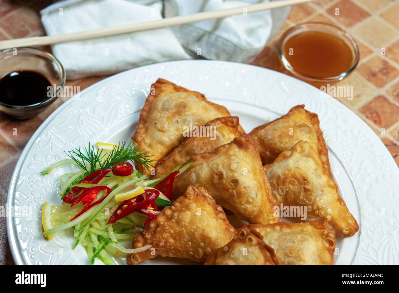Closeup a plate of fried dumplings. Delicious Japanese pan-fried ...