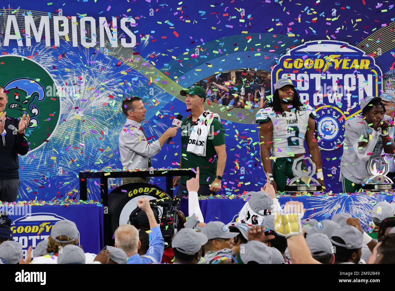 Tulane Green Wave head coach Willie Fritz is interviewed on the stage ...