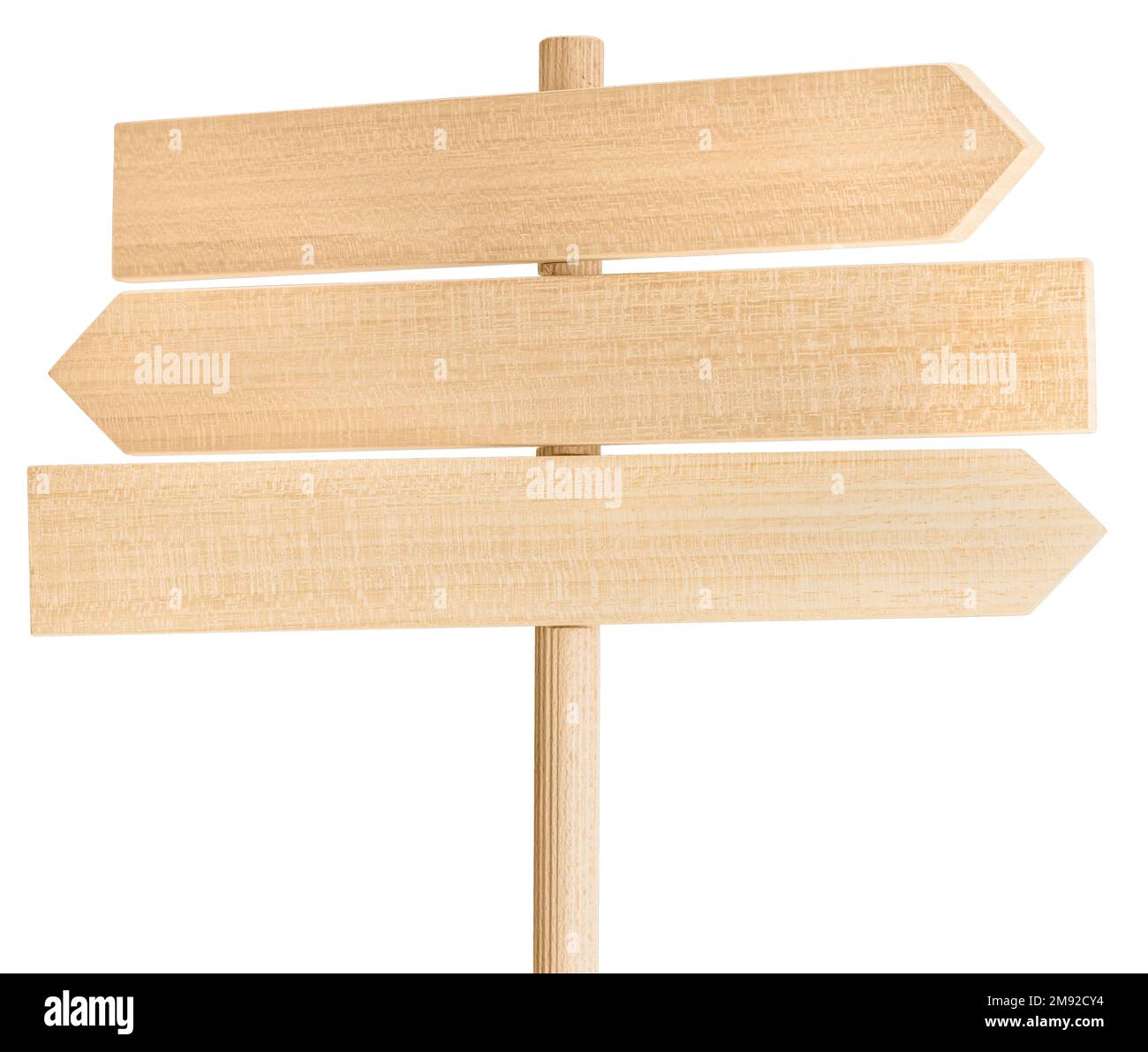 Blank Wooden sign post isolated on white background. Three placards ...