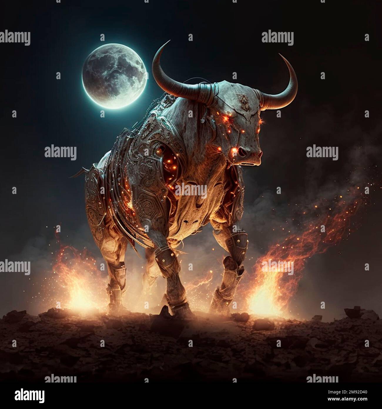 Metal bull on a burning field Stock Photo - Alamy