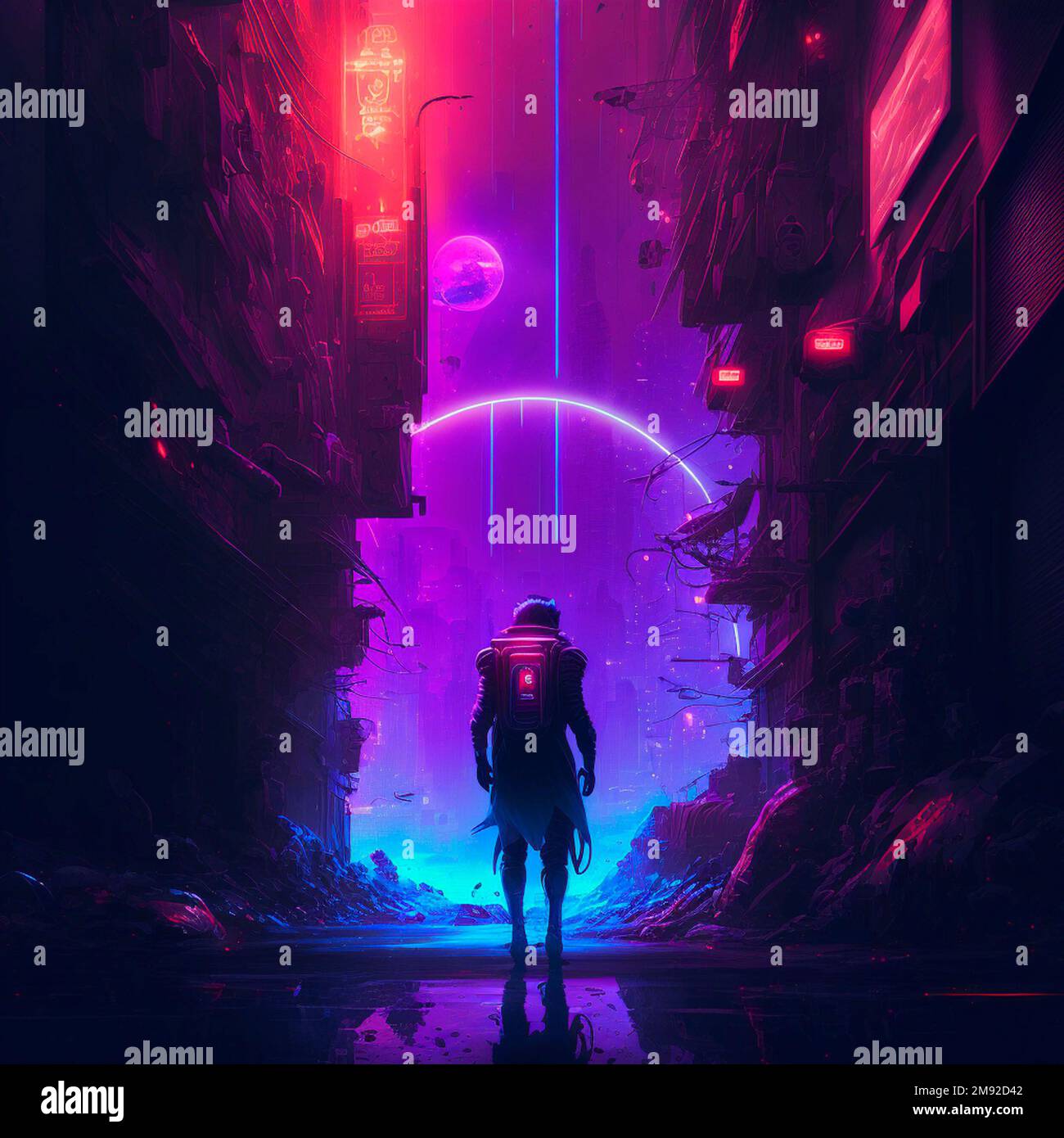 Man on the background of cyberpunk city Stock Photo - Alamy