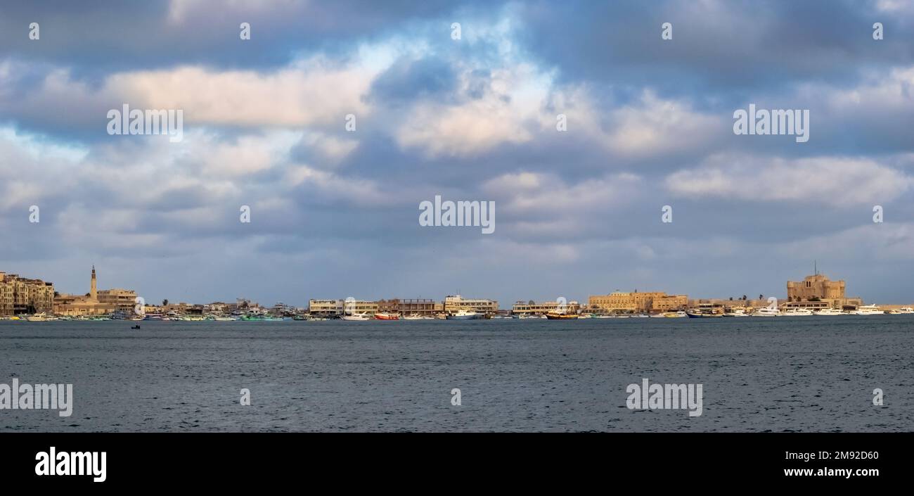 A beautiful shot of the skyline of Alexandria across the shore in Egypt ...