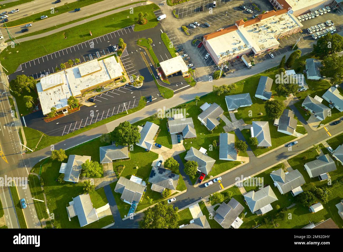 Aerial landscape view of suburban private houses between green palm ...