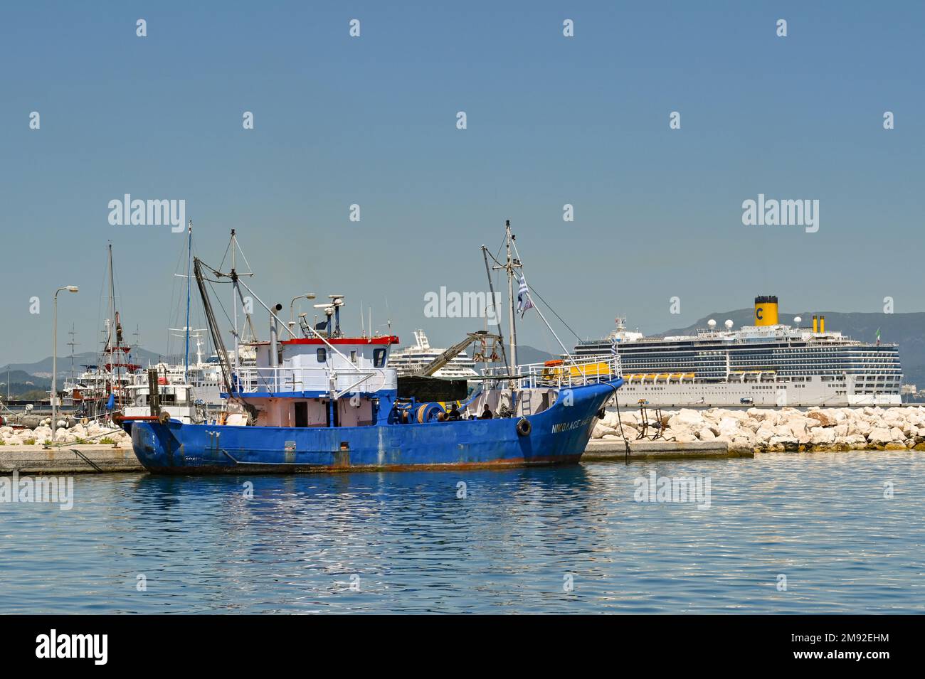 Corfu, Greece - June 2022: Fishing trawler docked in the town's harbour ...
