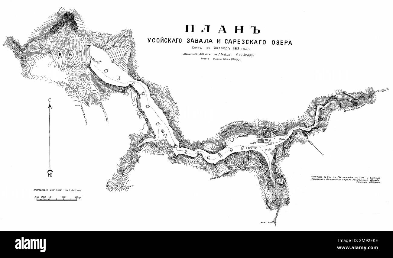 Plan of Lake Sarez and Usoy dam, made by the head of the Pamir ...