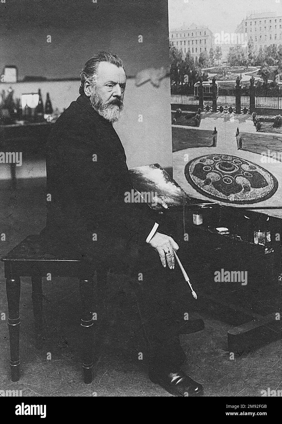 Pavel Alexandrovich Bryullov. Captured in his studio behind an easel ...