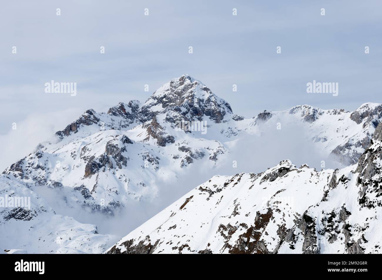 Winter snow view of Triglav Mountain in Slovenia. Hiking in the winter ...