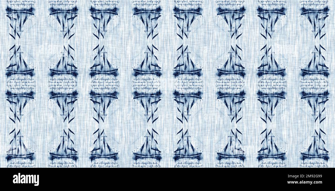 Indigo dye wash coastal damask seamless border pattern. Washed out ...
