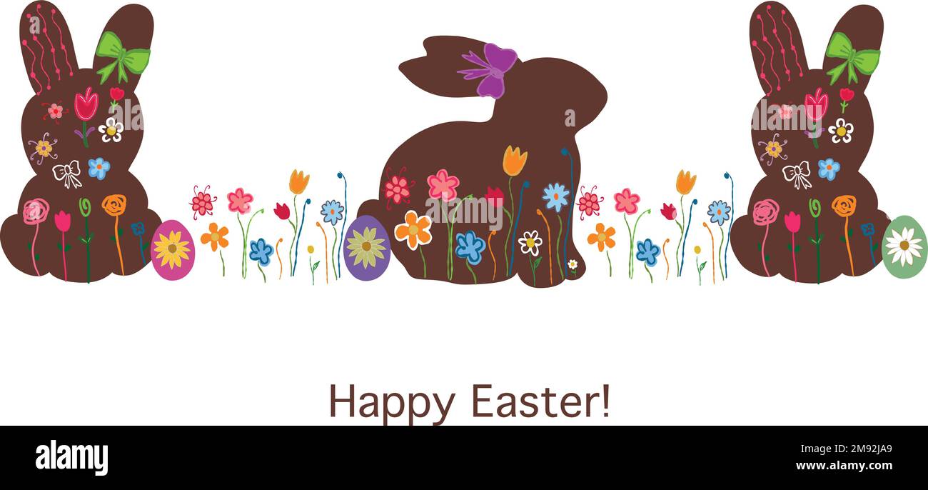 Bunny with spring flowers and eggs. Happy Easter greeting card Stock ...