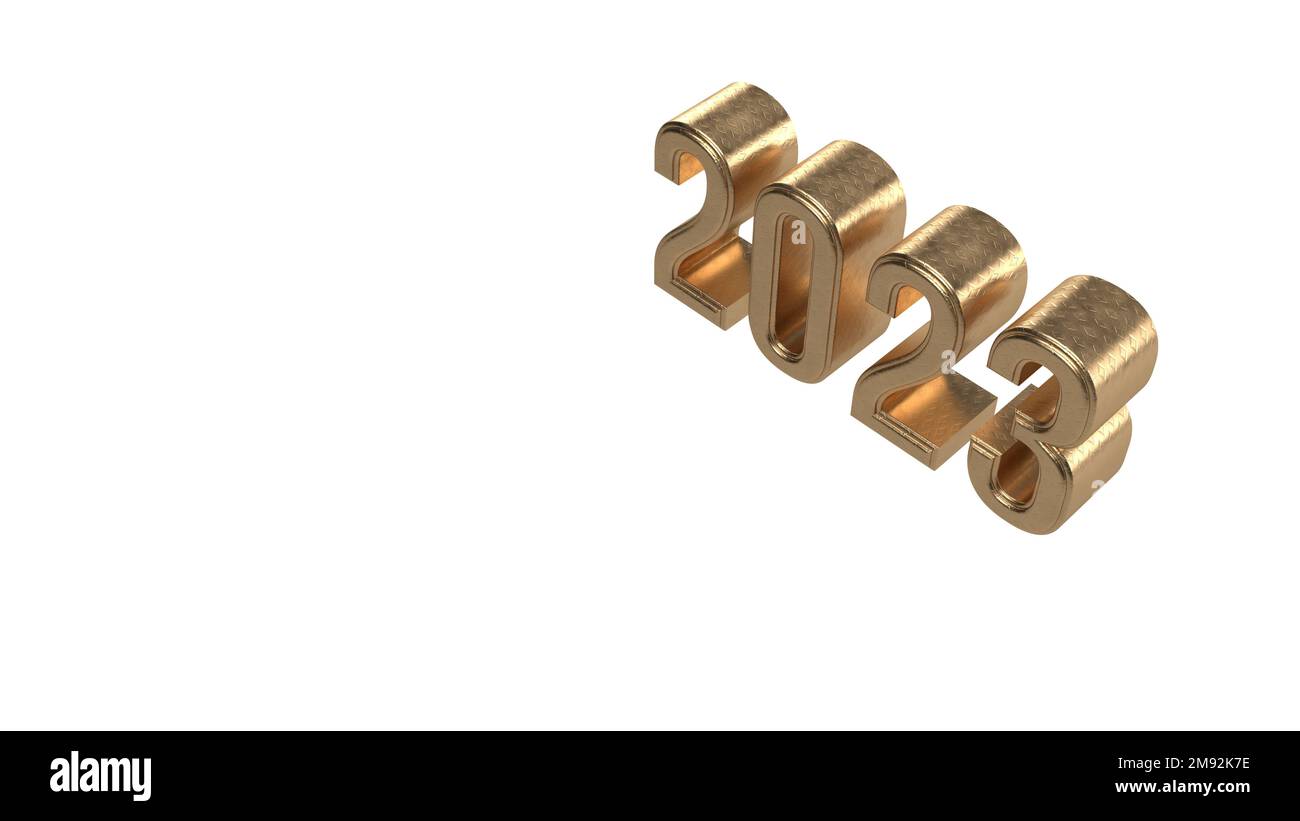 A 3D rendering of the golden number 2023 isolated on a white background ...