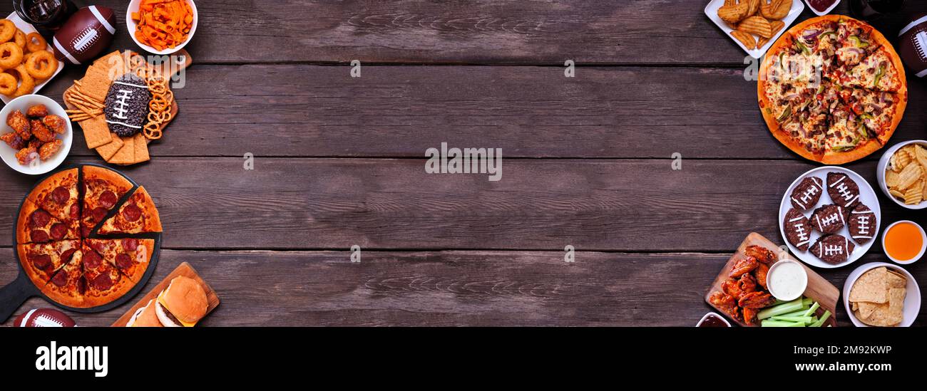 Superbowl or football theme food double border. Pizza, hamburgers ...