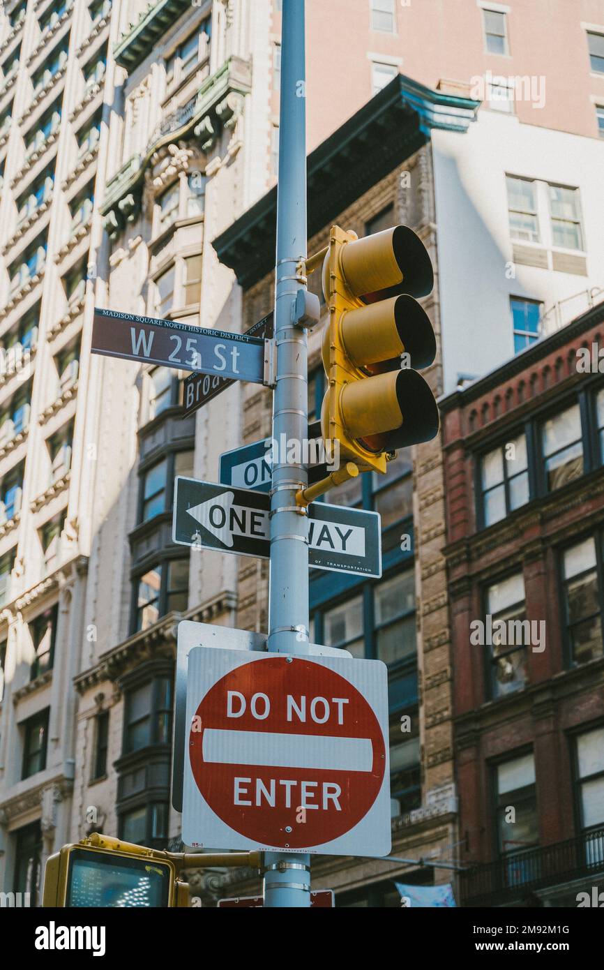 Do not enter sign with traffic light against skyscrapers in New York ...