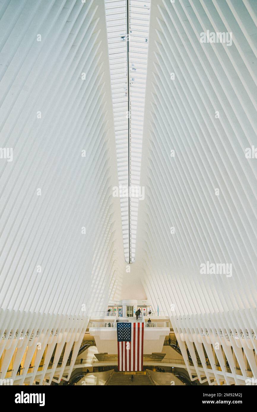 Contemporary Westfield World Trade Center building with flag of USA ...