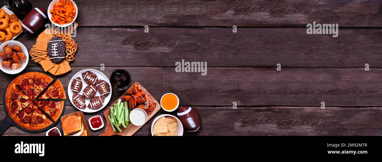 Superbowl or football theme food corner border. Pizza, hamburgers ...