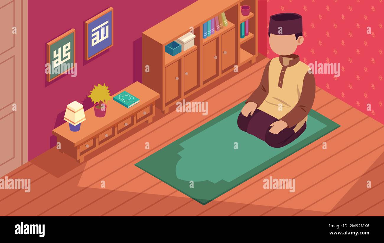 An illustration of an isometric young man prostrating in the praying ...