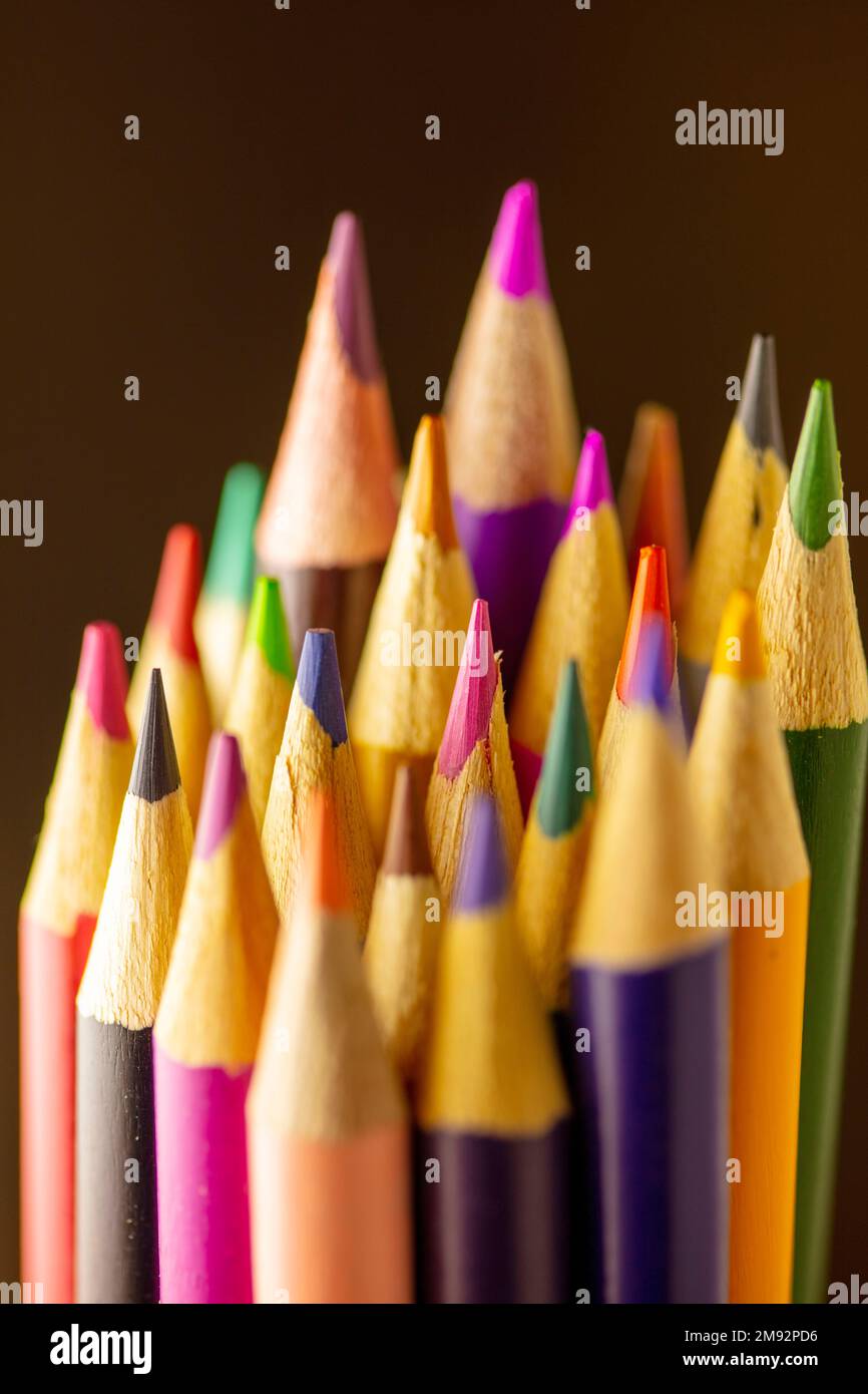 Close up still life of coloured art pencils with negative space Stock ...