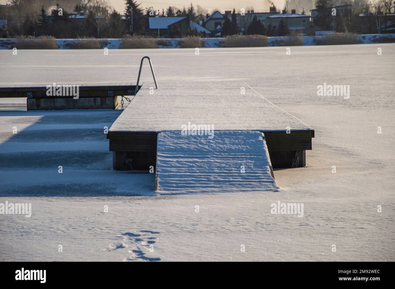 Winter landscape with reeds on a frozen lake on a cold day, fields and ...