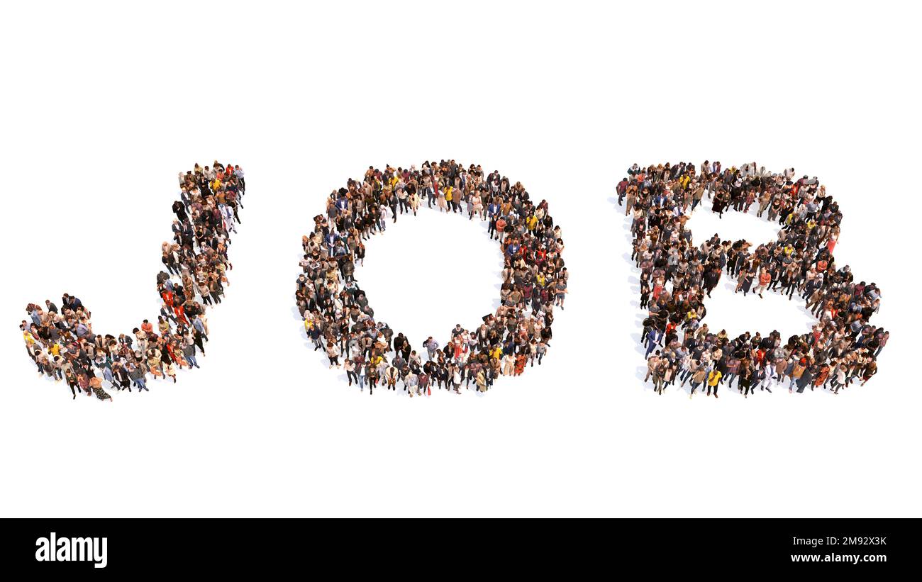 Concept or conceptual large community of people forming JOB word. 3d ...