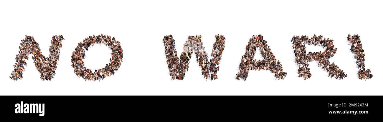 Concept conceptual large community of people forming NO WAR message. 3d ...