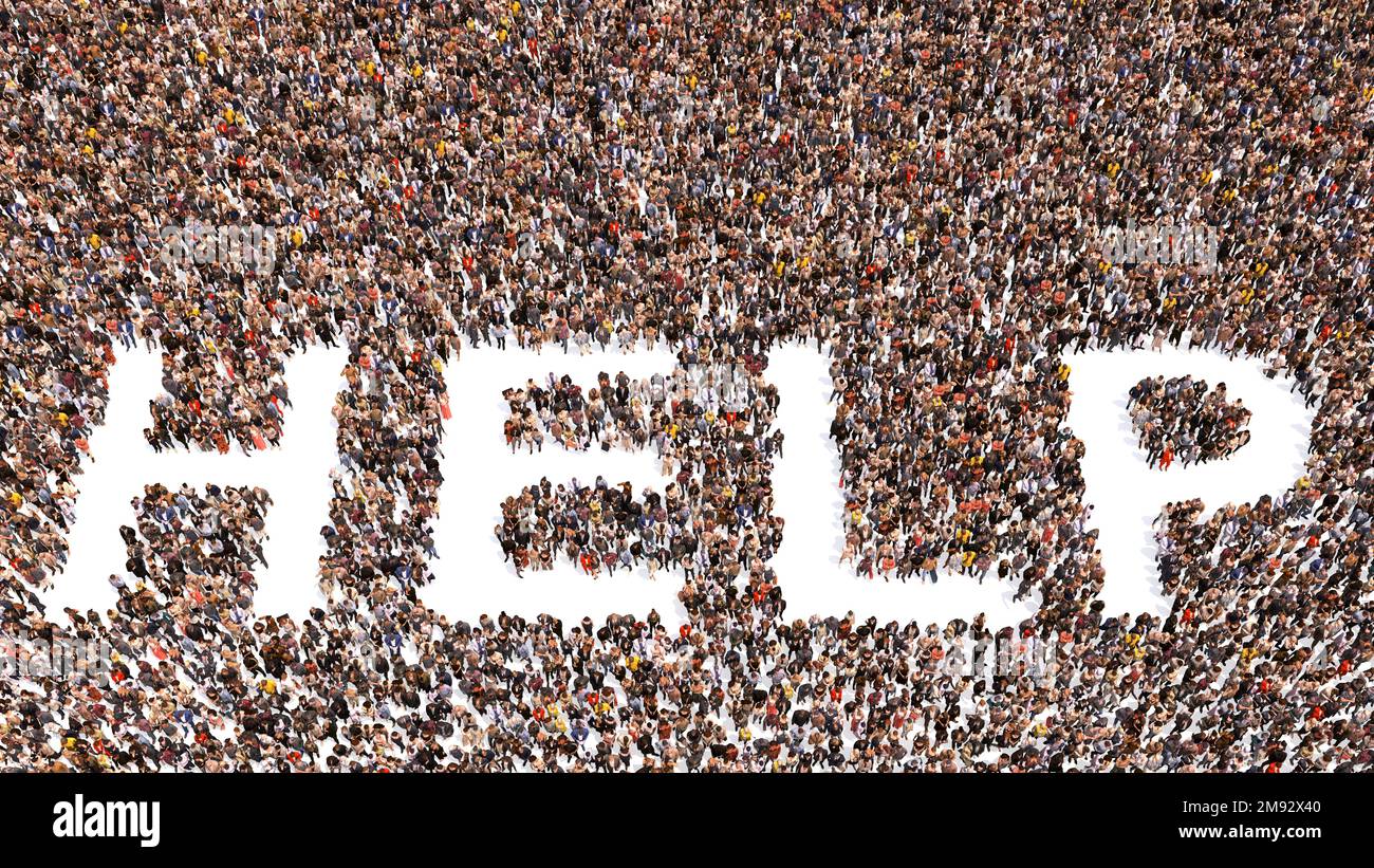 Concept conceptual large community of people forming HELP slogan. 3d ... Concept conceptual large community of people forming HELP slogan. 3d ...