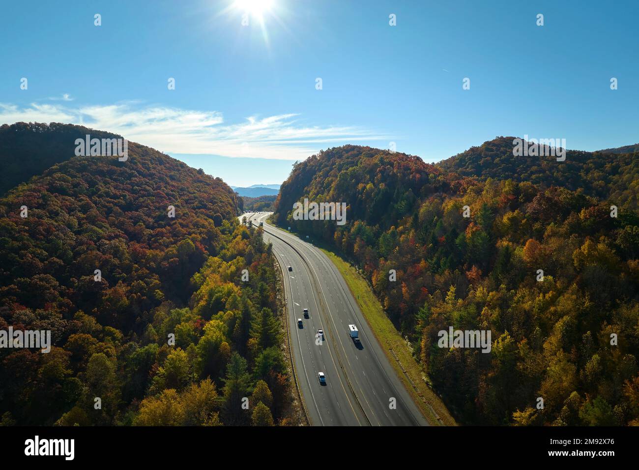 View from above of I-40 freeway route in North Carolina leading to ...
