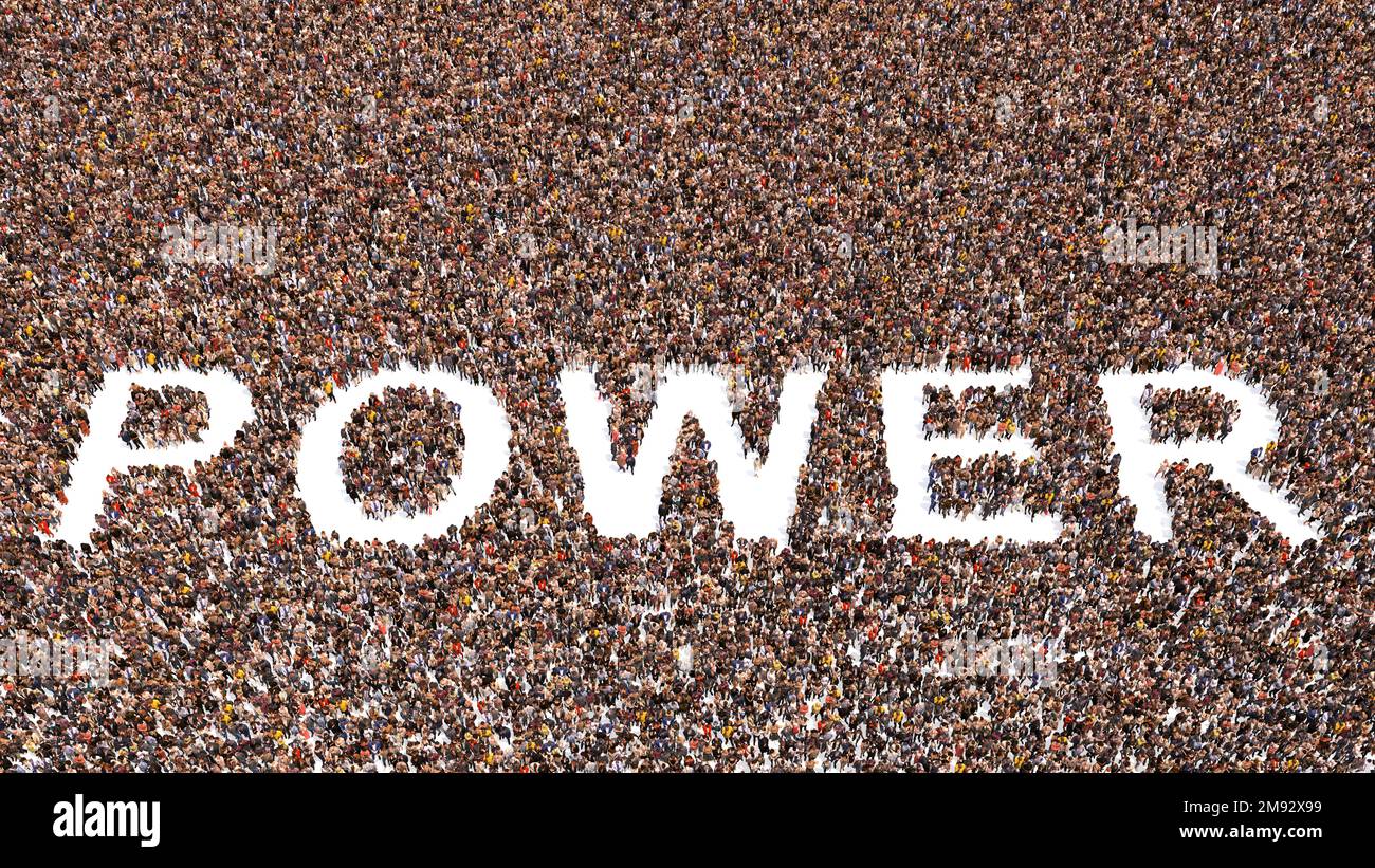 Conceptual large community of people forming the word POWER . 3d ...