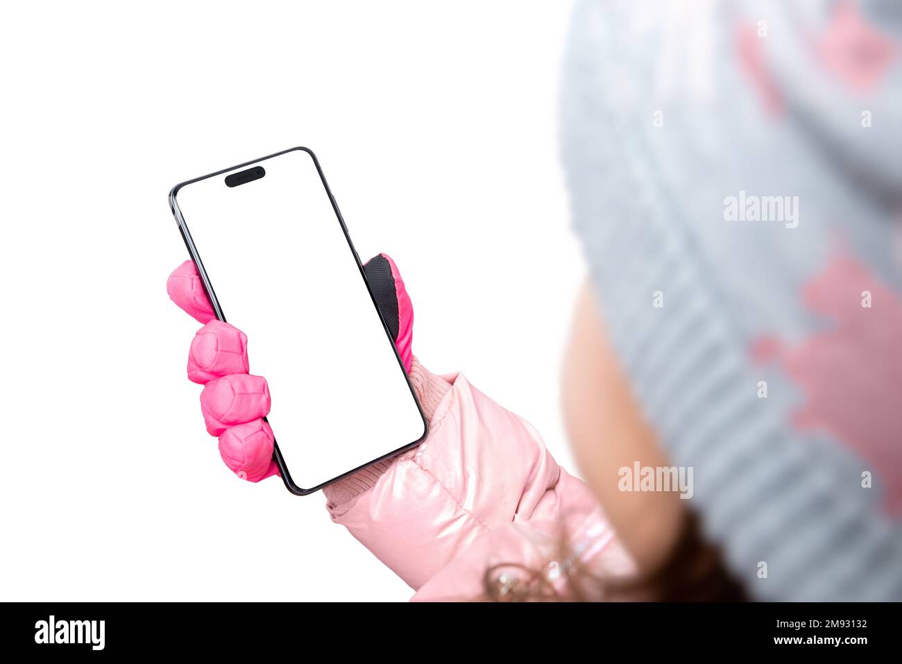 Phone in a gloved hand of a girl, child. Isolated background for app ...