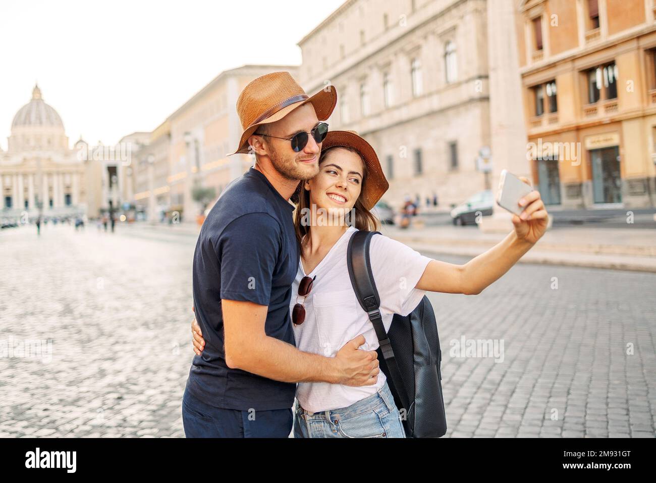 Happy Young couple taking selfie portrait with smartphone mobile ...