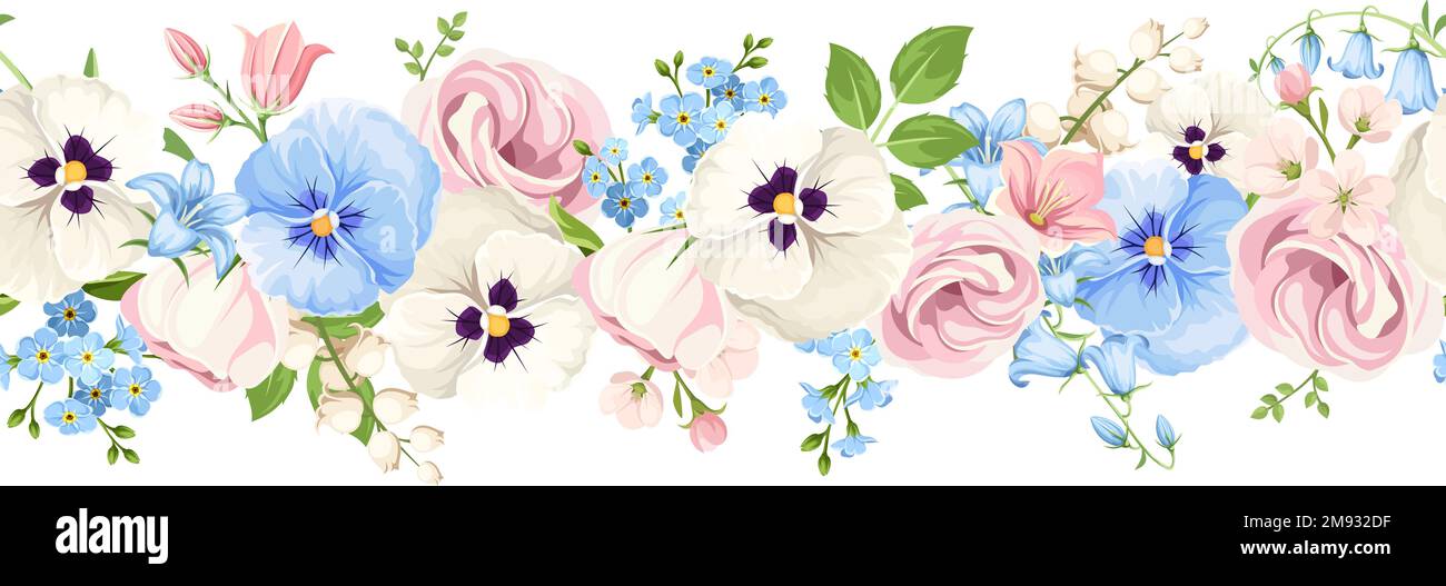 Horizontal seamless border with pink, white, and blue lisianthus flowers, pansy flowers ...