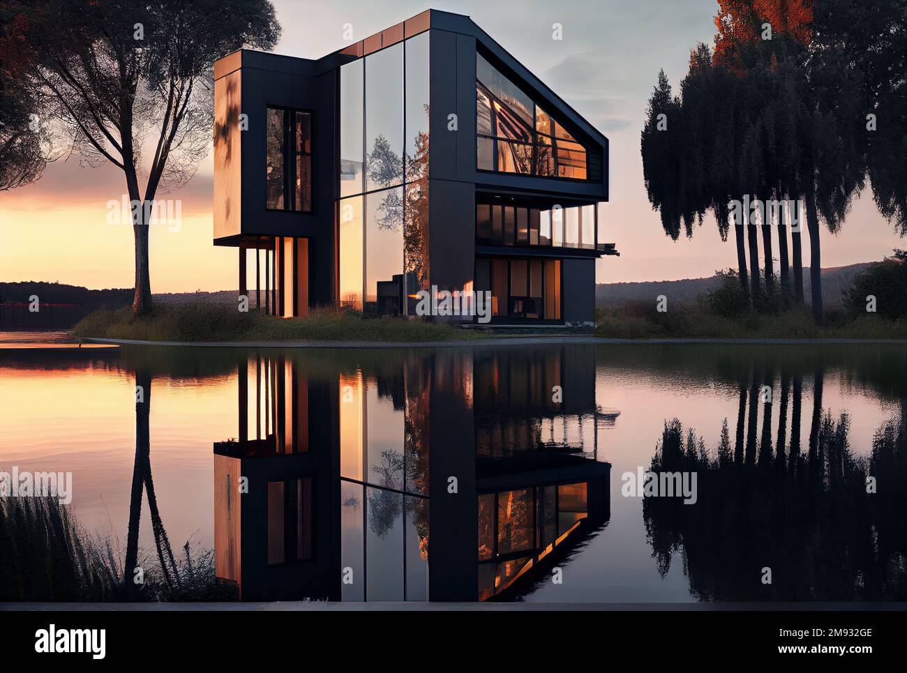 Modern house at lake Stock Photo - Alamy