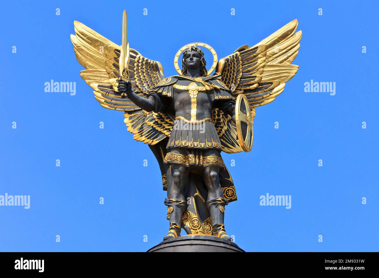 Close-up of the statue of archangel Michael on top of the Pecers Kyj ...