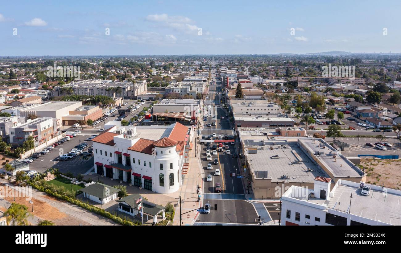 Daytime aerial view of the historic urban core of downtown Bellflower ...