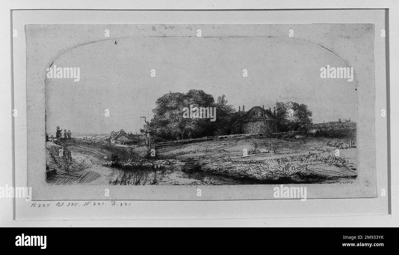 Countryside landscape scene etching Black and White Stock Photos ...